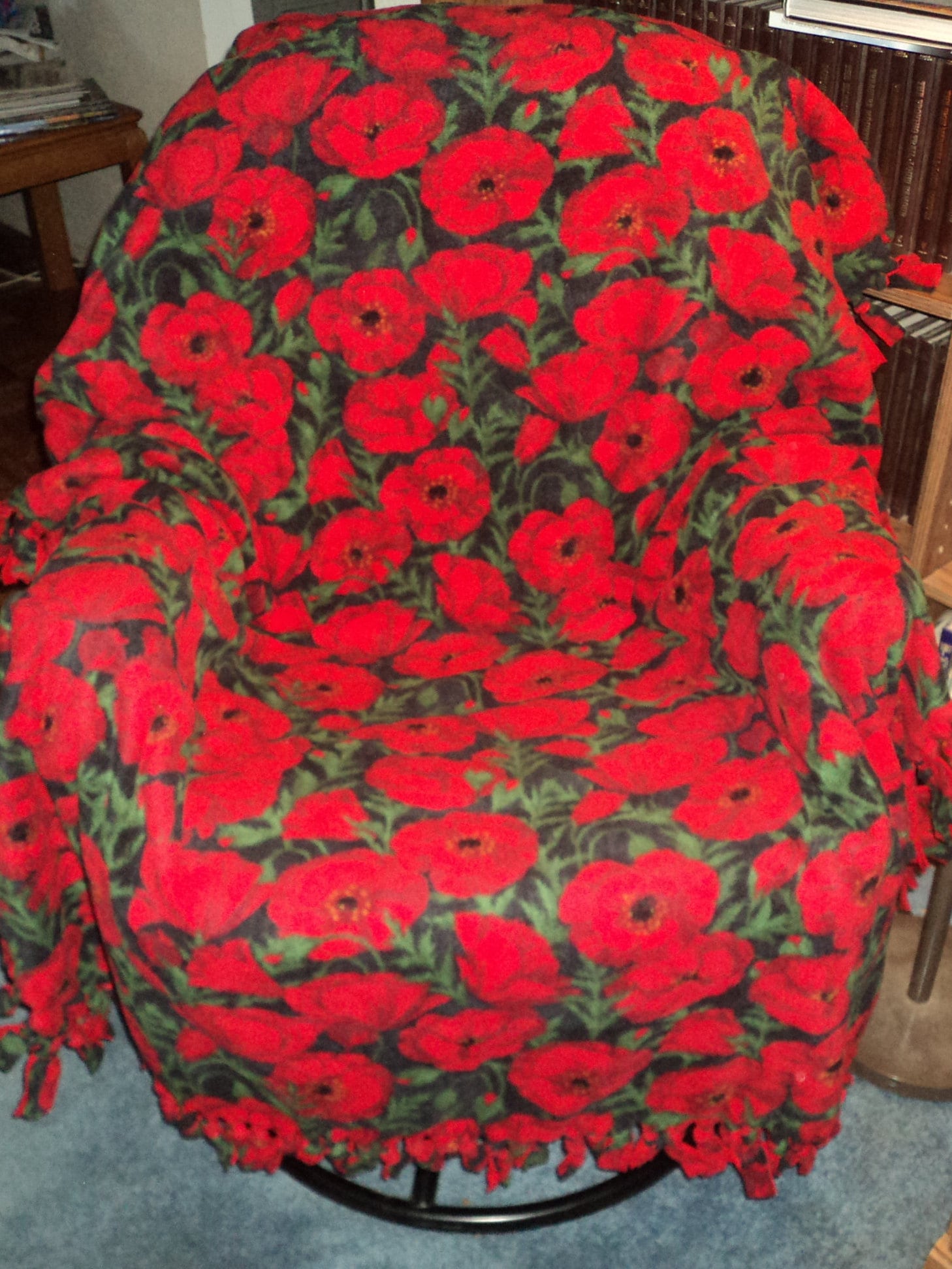Red Poppies and Green Leaves Fleece Blanket 56 W X 68 L Solid Red Back ...