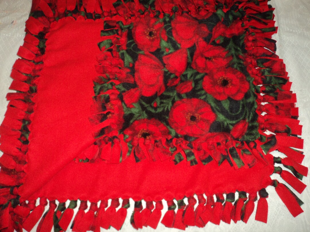 Red Poppies and Green Leaves Fleece Blanket 56 W X 68 L Solid Red Back ...