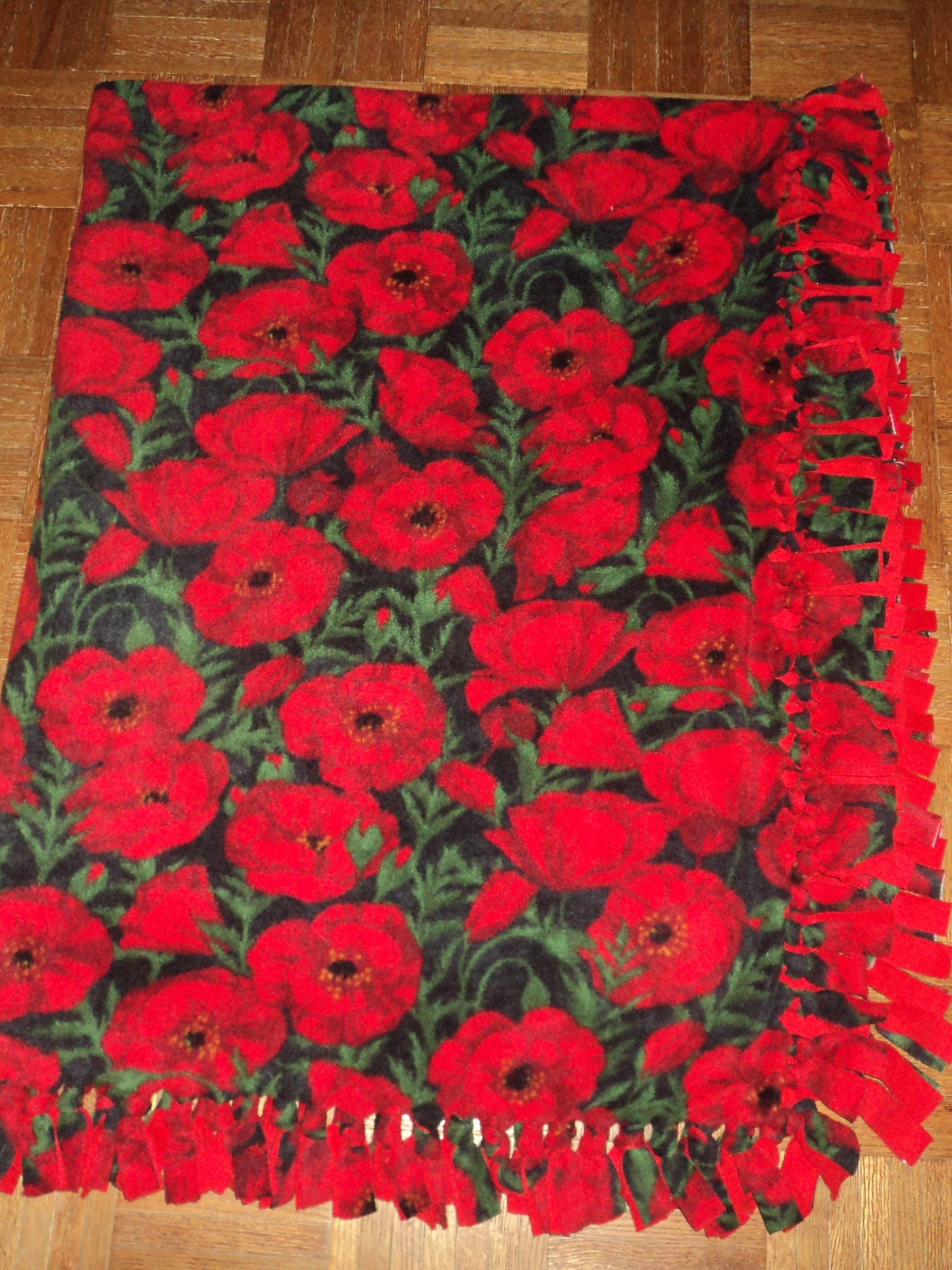 Red Poppies and Green Leaves Fleece Blanket 56 W X 68 L Solid Red Back ...
