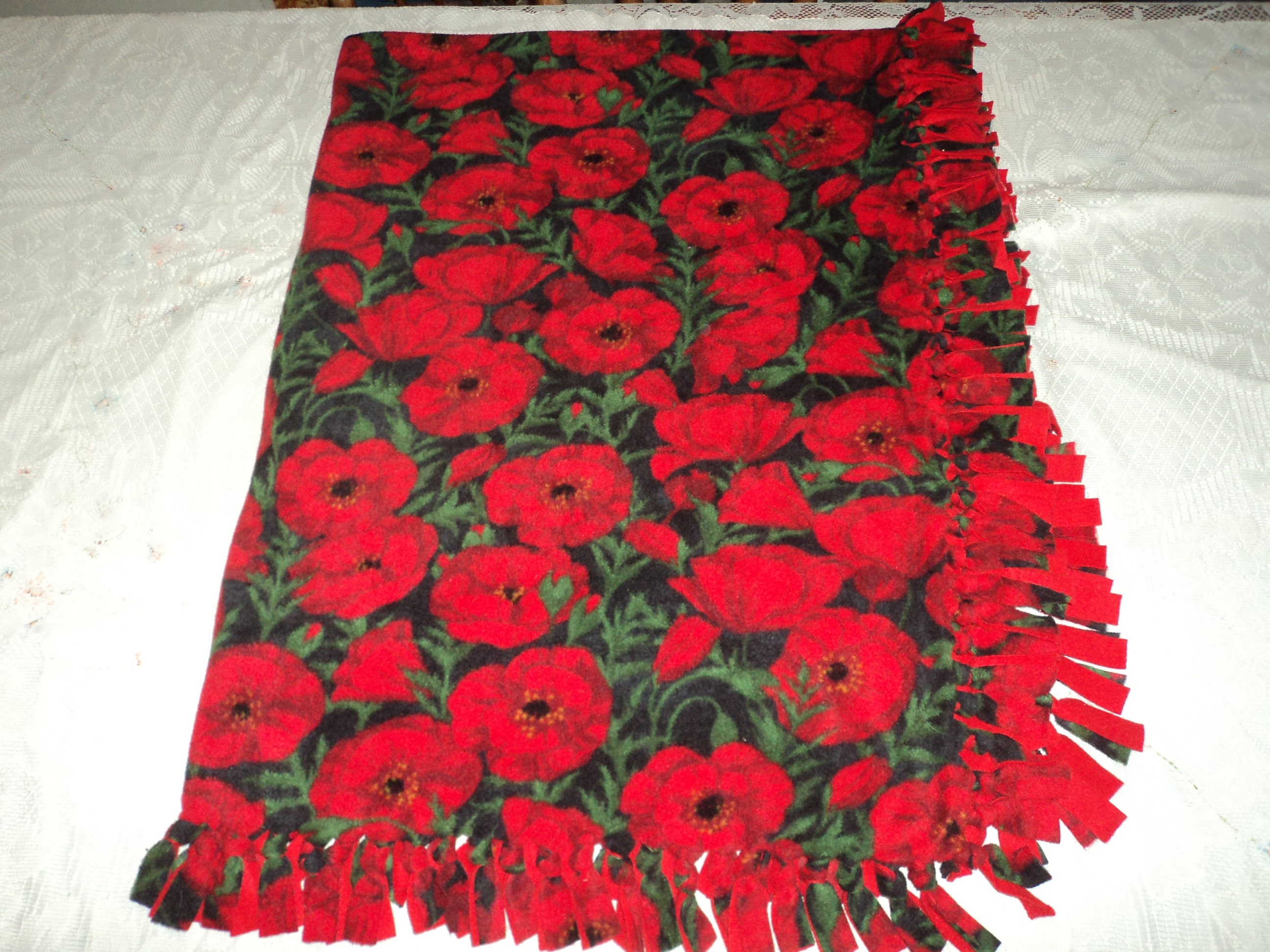 Red Poppies and Green Leaves Fleece Blanket 56 W X 68 L Solid Red Back ...