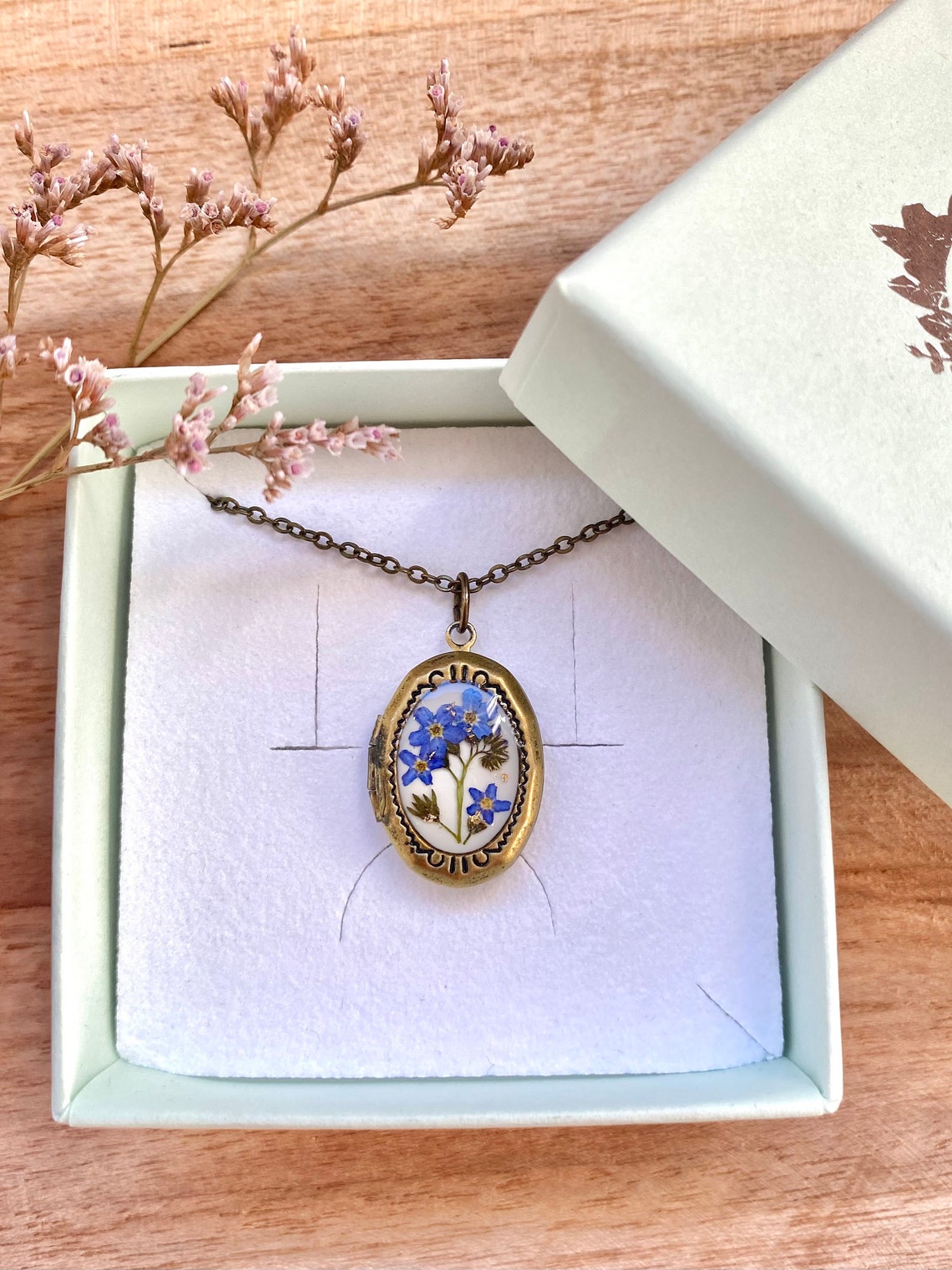 Little Locket With Real Forget Me Not Flowers Tiny Photo - Etsy