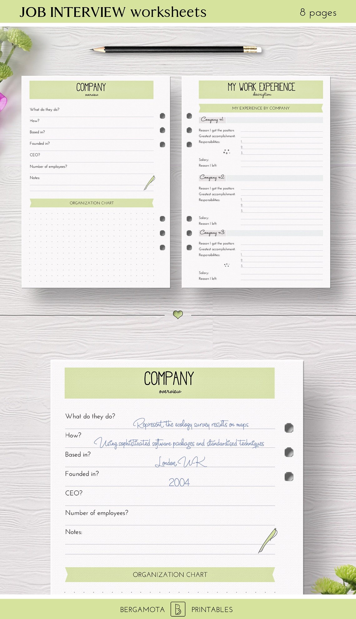 JOB INTERVIEW worksheets 8 printable planner pages A5 | Etsy