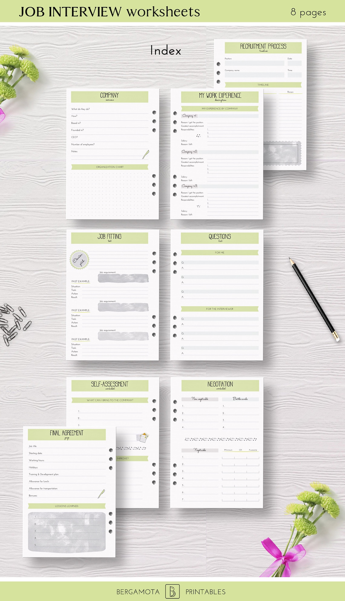 JOB INTERVIEW worksheets 8 printable planner pages A5 | Etsy