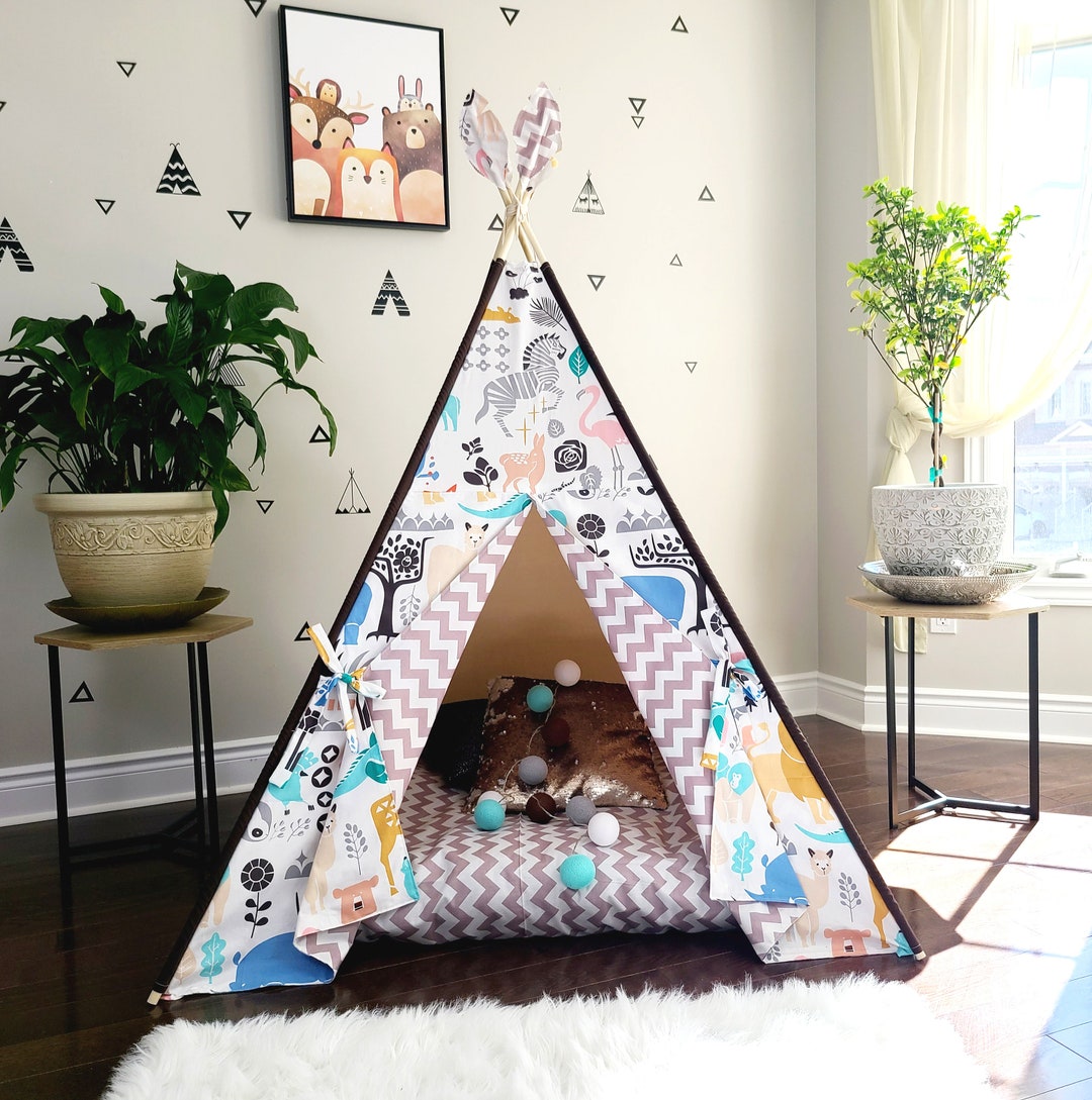 Grey and White Stripes With Fairy Tail Pattern Play Teepee Tent Window ...