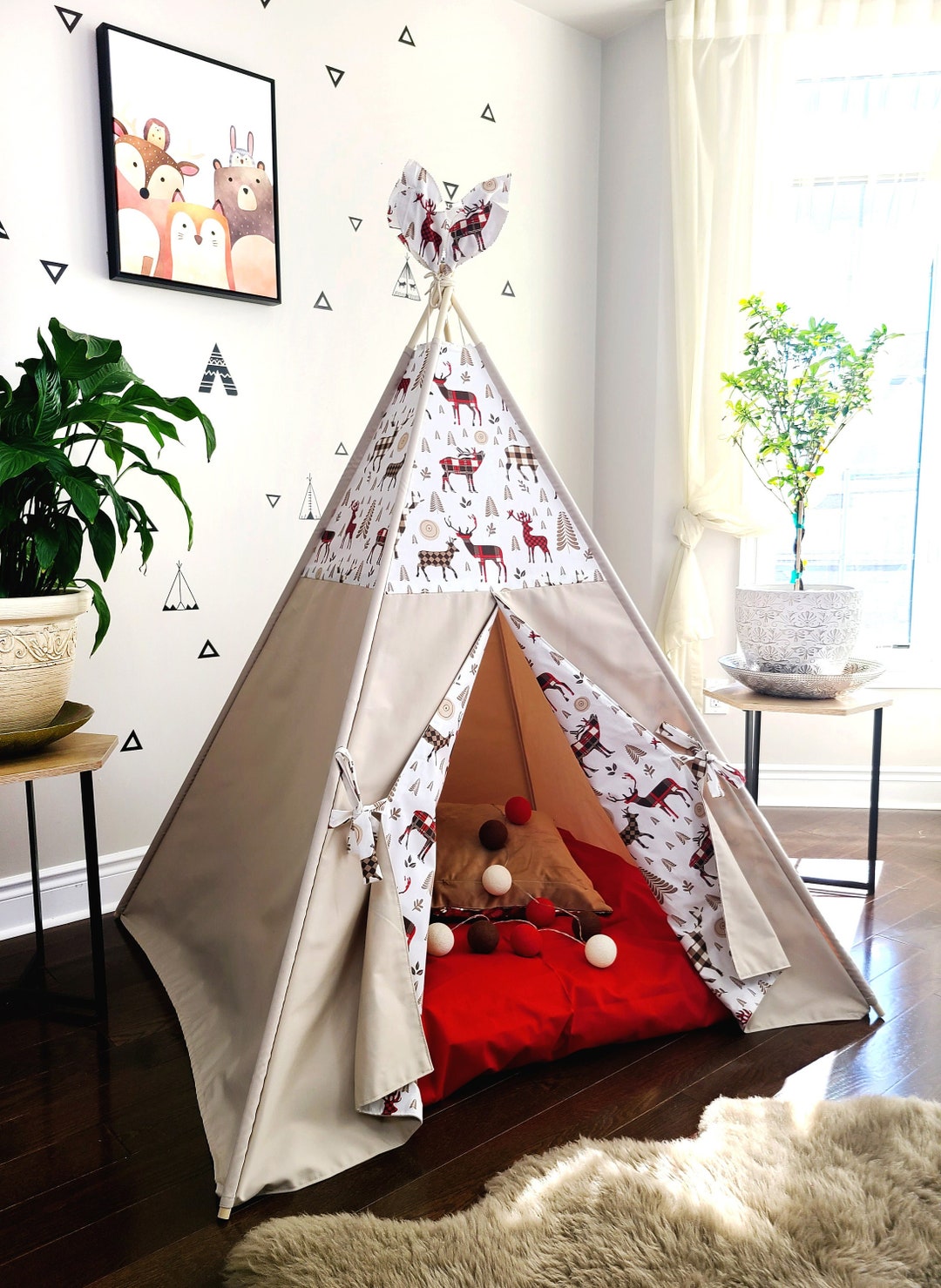 Cottage Style Deer and Moose Beige Unisex Play Teepee Tent Window Floor ...