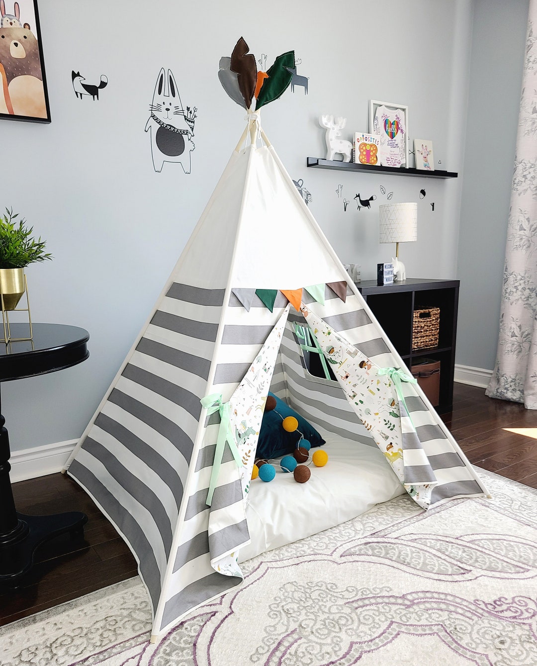 Grey and White Stripes With Fairy Tail Pattern Play Teepee Tent Window ...