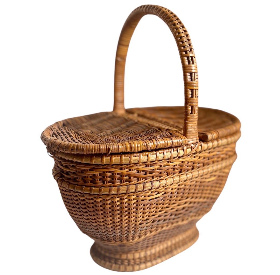 Antique Shaker Basket 19th Century Hand Woven Splint Over Reed Wicker ...