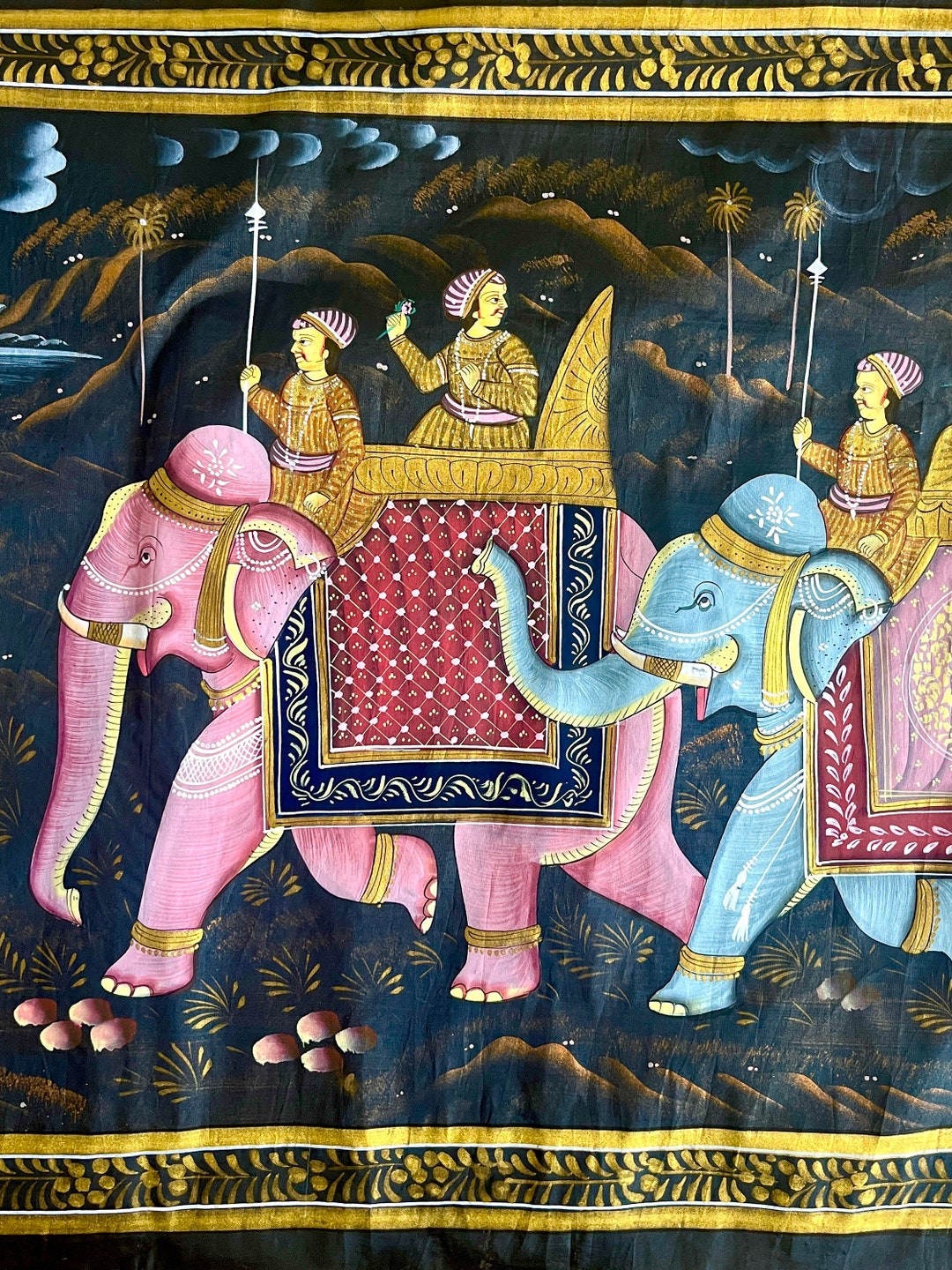 LARGE Hand Painted Indian Silk Painting Rajasthani Procession Mughal ...