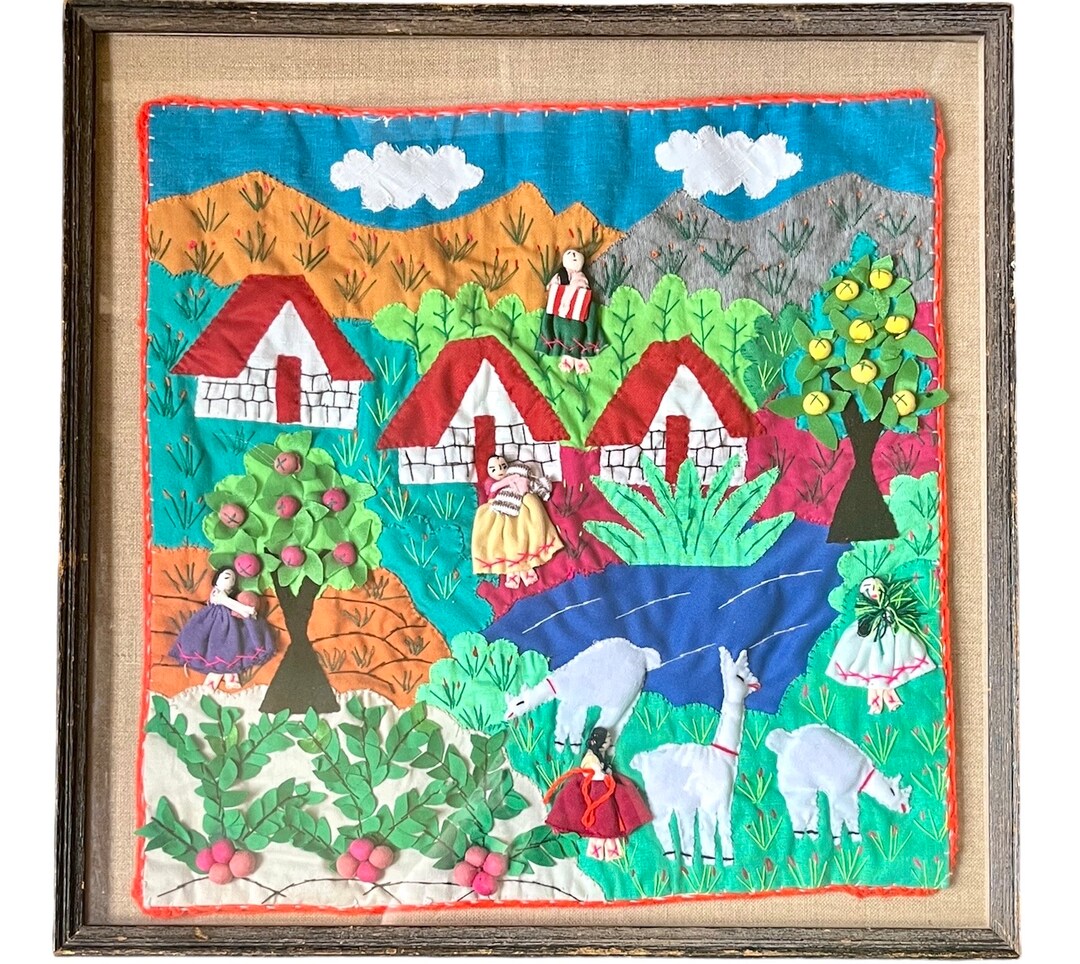 Large Framed Folk Art Tapestry 3D Wall Hanging Patchwork Arpillera Chile Peru Handmade Quilted ...