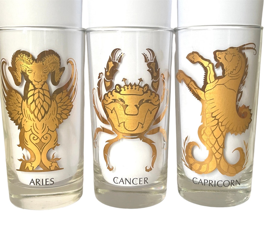 Zodiac Glass Tumbler Mid Century Gold Astrology MCM Glass Aries ...