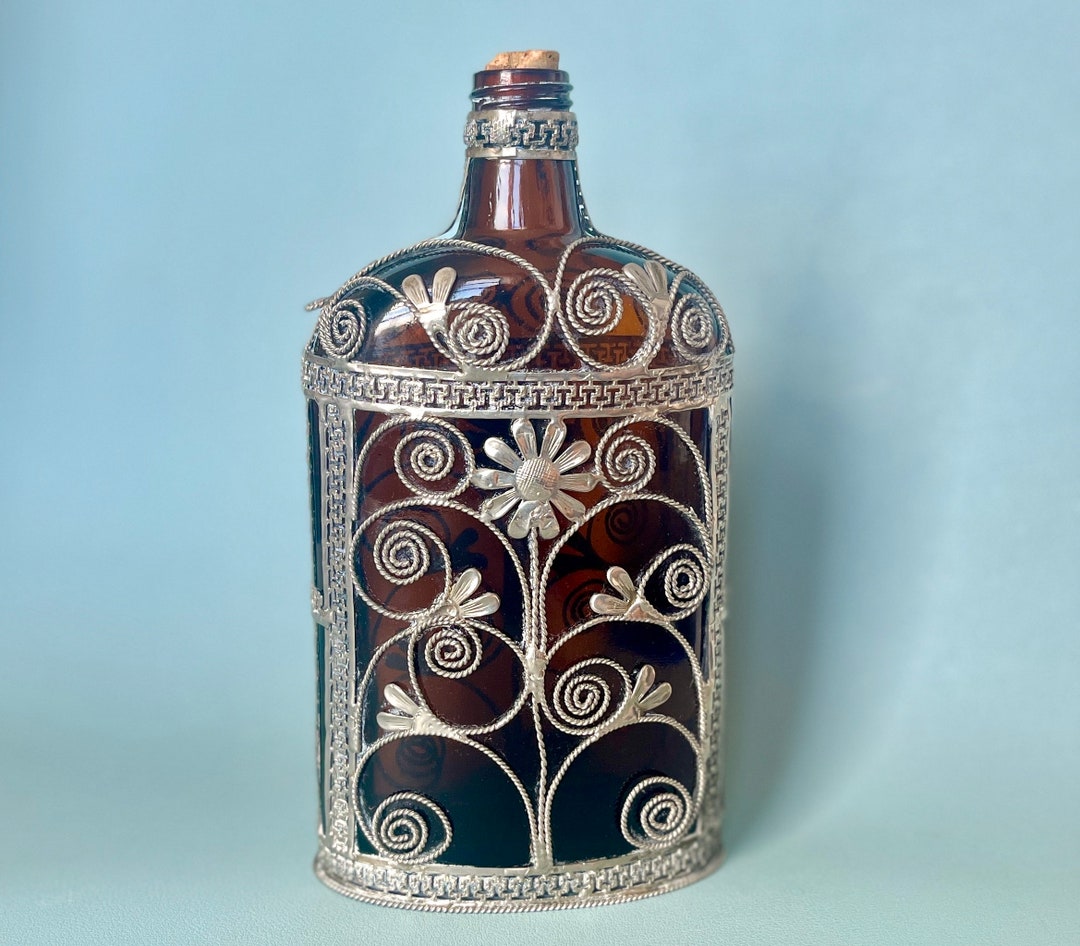 Antique Amber Glass Bottle With Silver Overlay: Floral Filigree Flask ...
