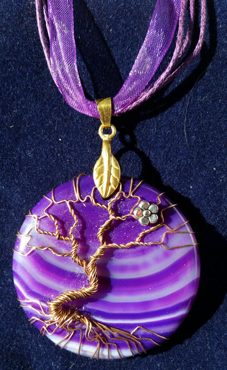 Tree of Life, Chai, Pendant, Bronze Wire Sculpture, Over Purple Banded ...