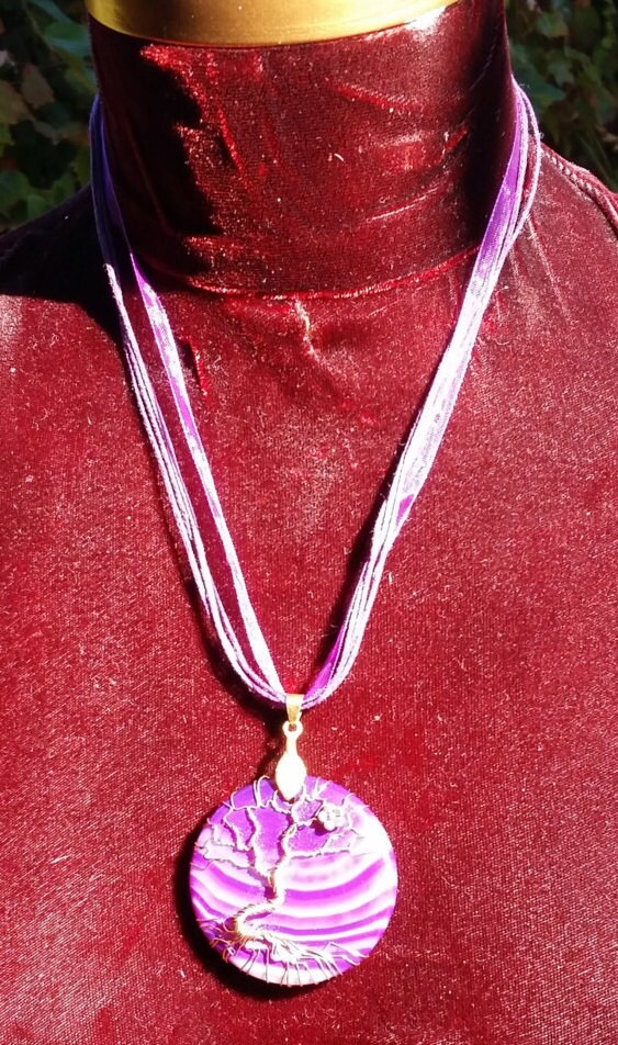 Tree of Life, Chai, Pendant, Bronze Wire Sculpture, Over Purple Banded ...