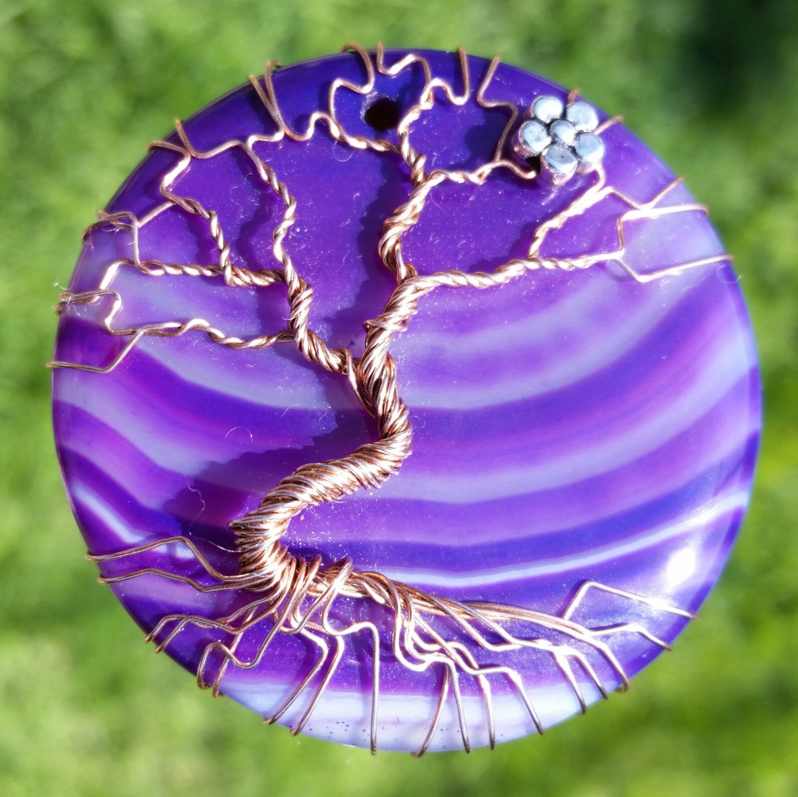 Tree of Life, Chai, Pendant, Bronze Wire Sculpture, Over Purple Banded ...