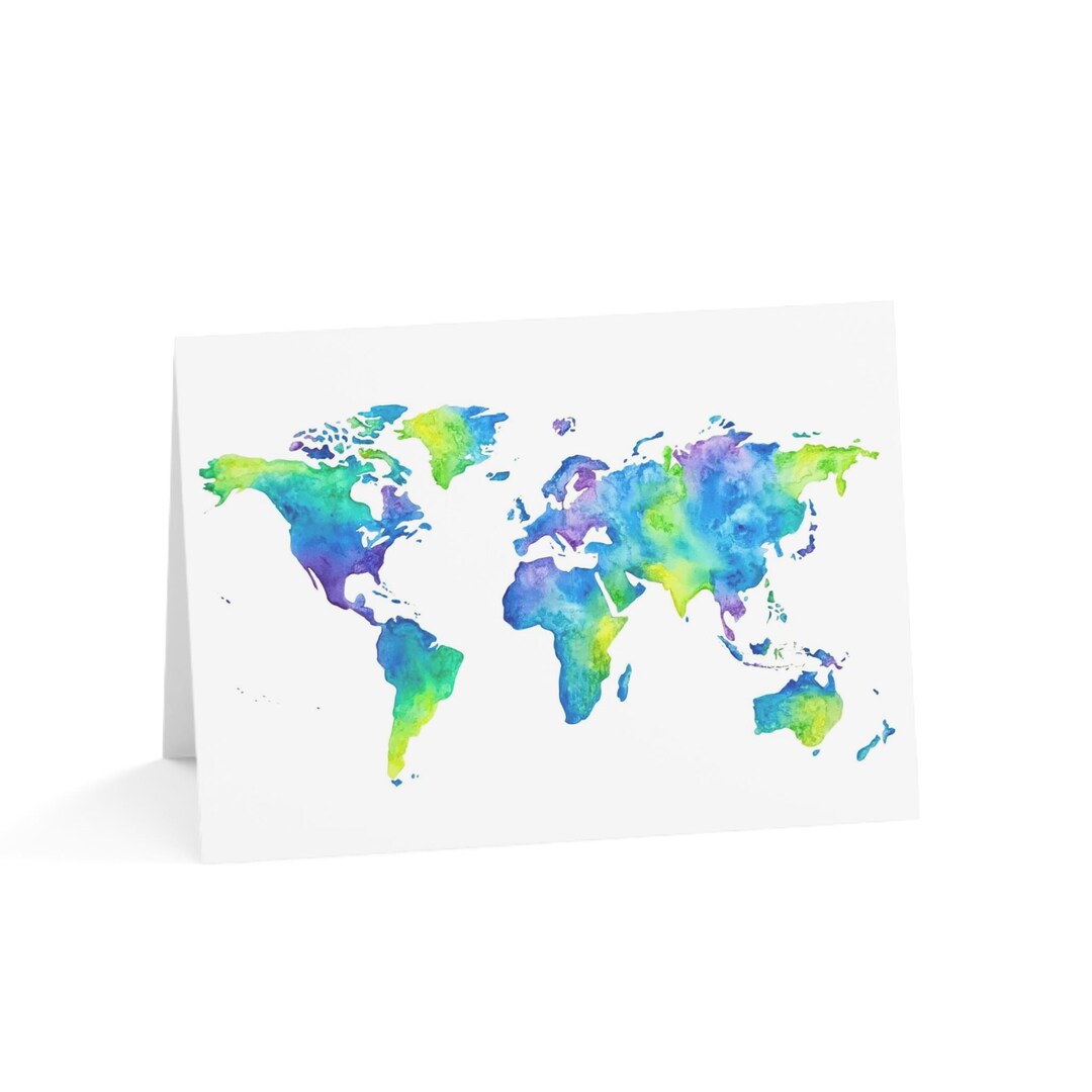 World Map - Watercolor Greeting Card - Horizontal - Etsy