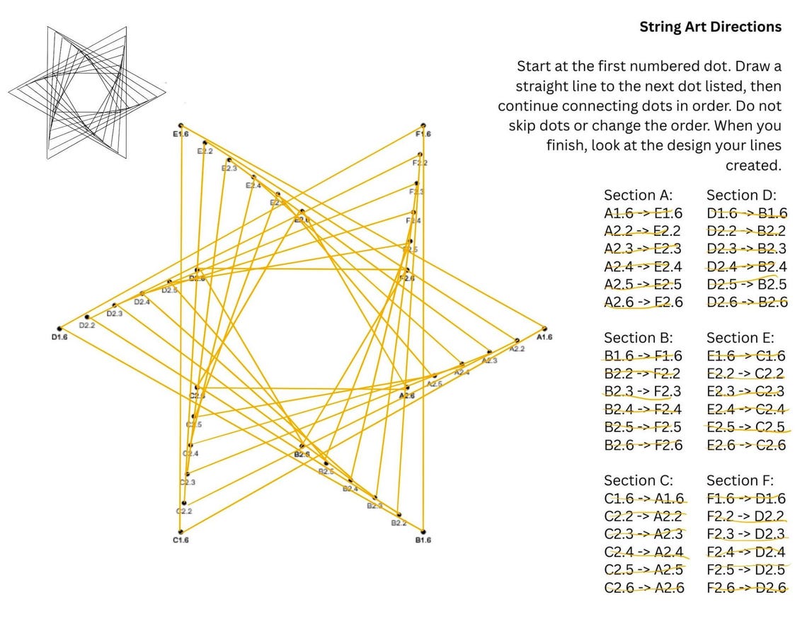 String Art Worksheet - 6 Section Star - Side 2-2 Connection Pattern - Etsy