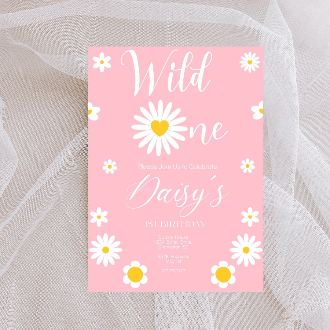 Daisy 1st Birthday Invitation Baby Pink Floral Daisy Wild One Girl ...