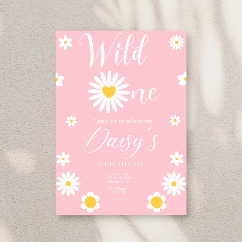 Daisy 1st Birthday Invitation Baby Pink Floral Daisy Wild One Girl ...