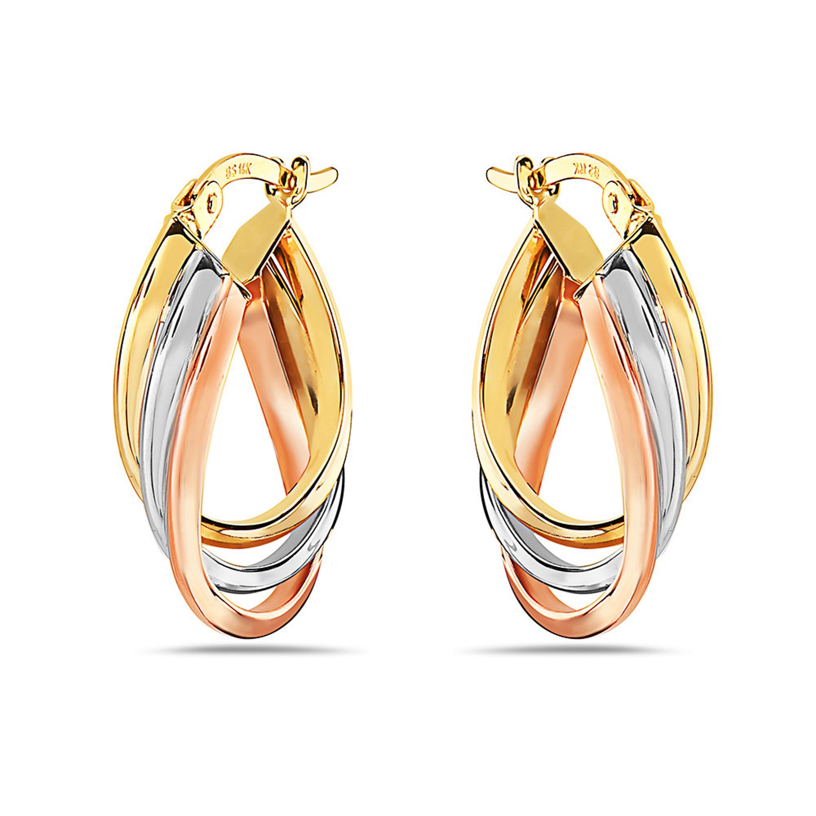 14K Solid 3 Tone Gold 3 Row Twisted Oval Hoop Earrings - Etsy