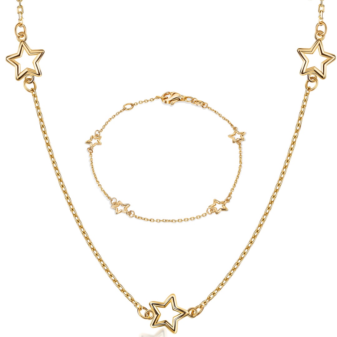 14K Solid Gold Alternating Star Chain Bracelet Necklace Set - Etsy