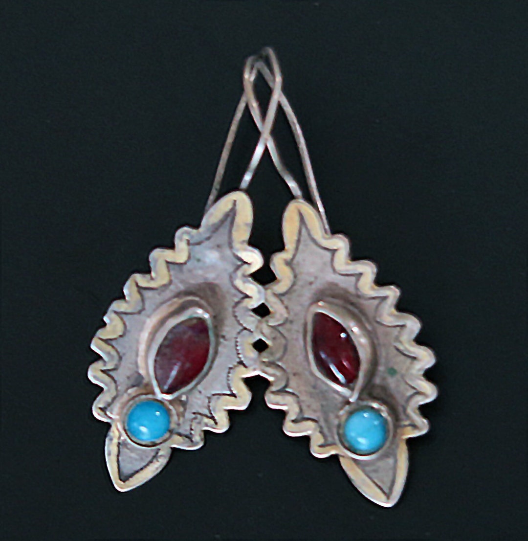 VINTAGE TURKMEN EARRINGS Gilded Silver Drop Earrings Handcrafted Tribal ...