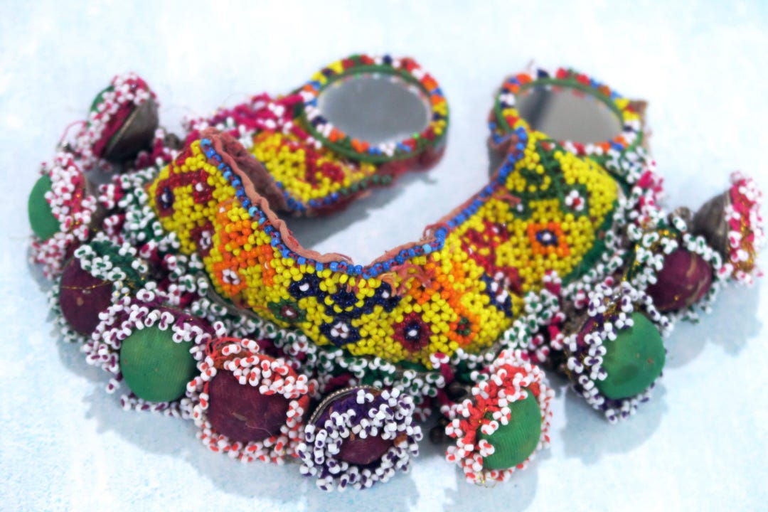 Hand-beaded Panel With Tufted-bell Accents and Mirrors Vintage Afghan ...