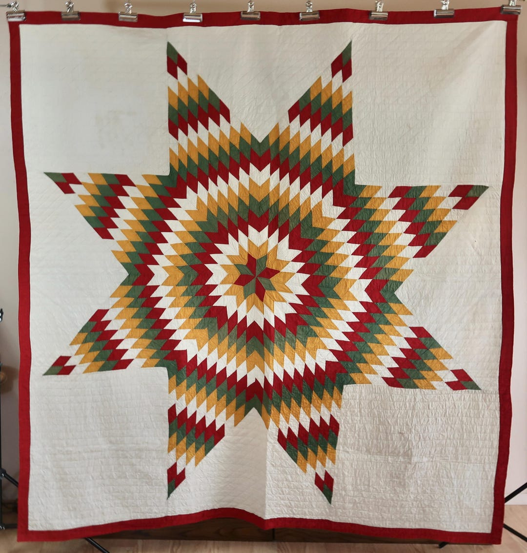 Lone Star Antique Quilt in Turkey Red, Green, and Cheddar, Hand Quilted ...