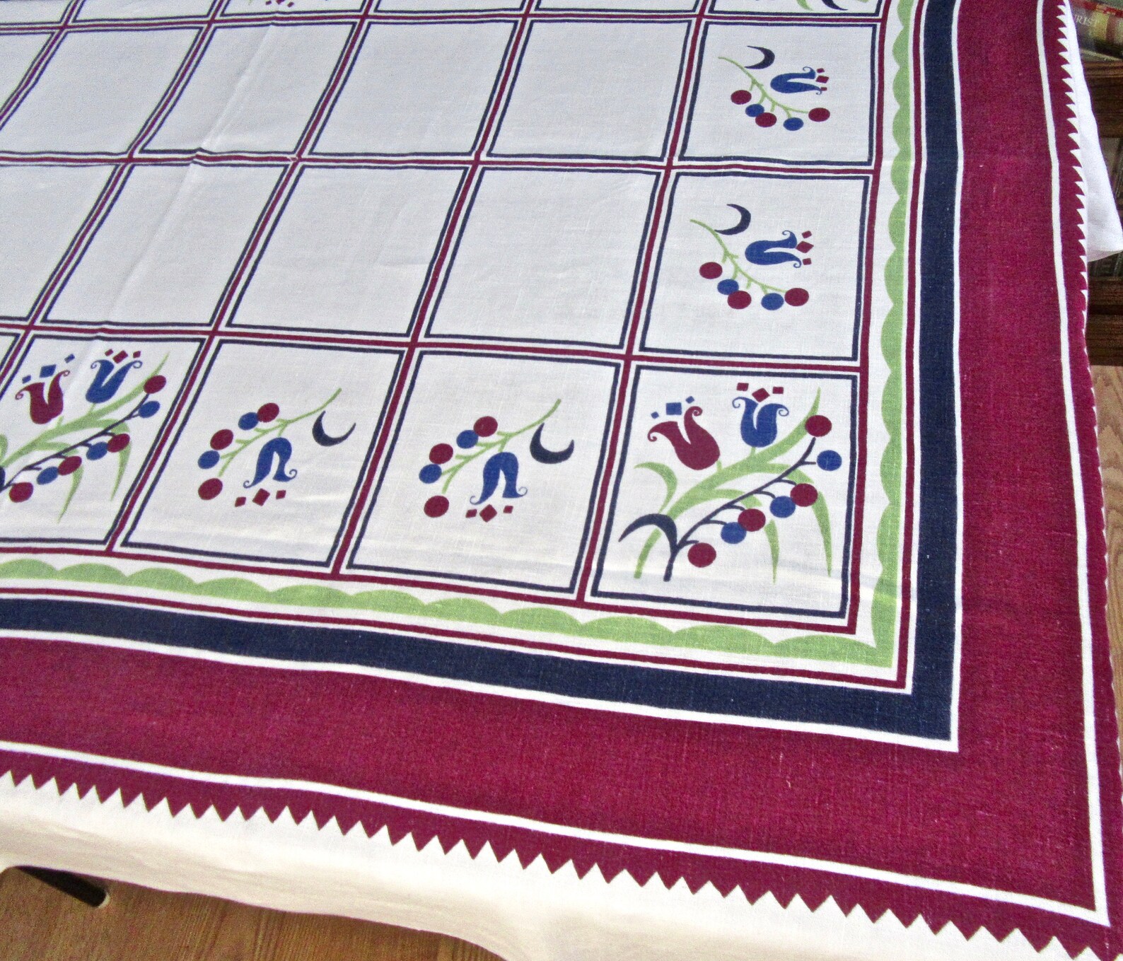 Vintage Dutch Tulip Linen Tablecloth in Burgundy, Navy, & Green, Pride ...
