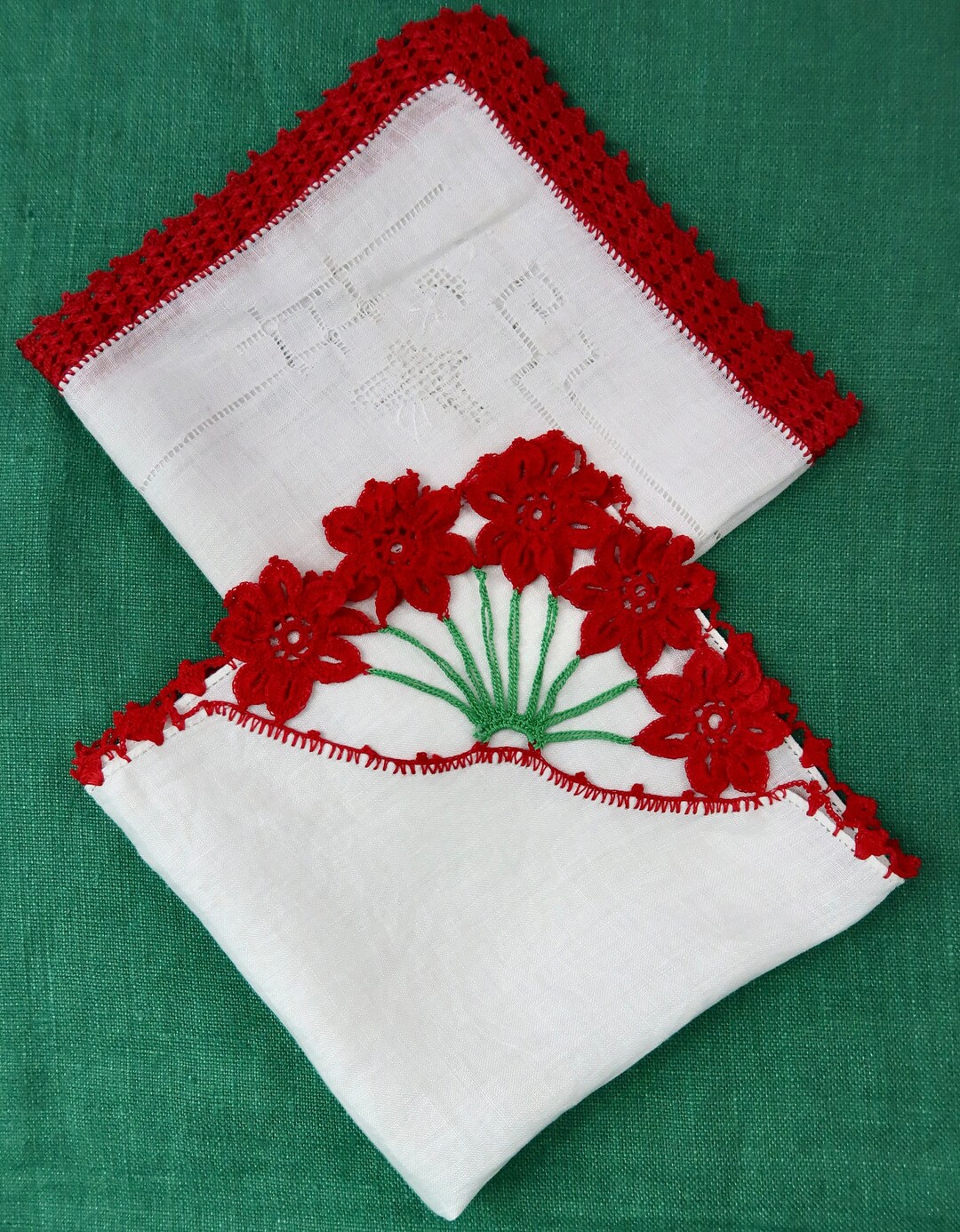 Vintage Handkerchief Group of 2 With Red Crochet Lace Edges and ...