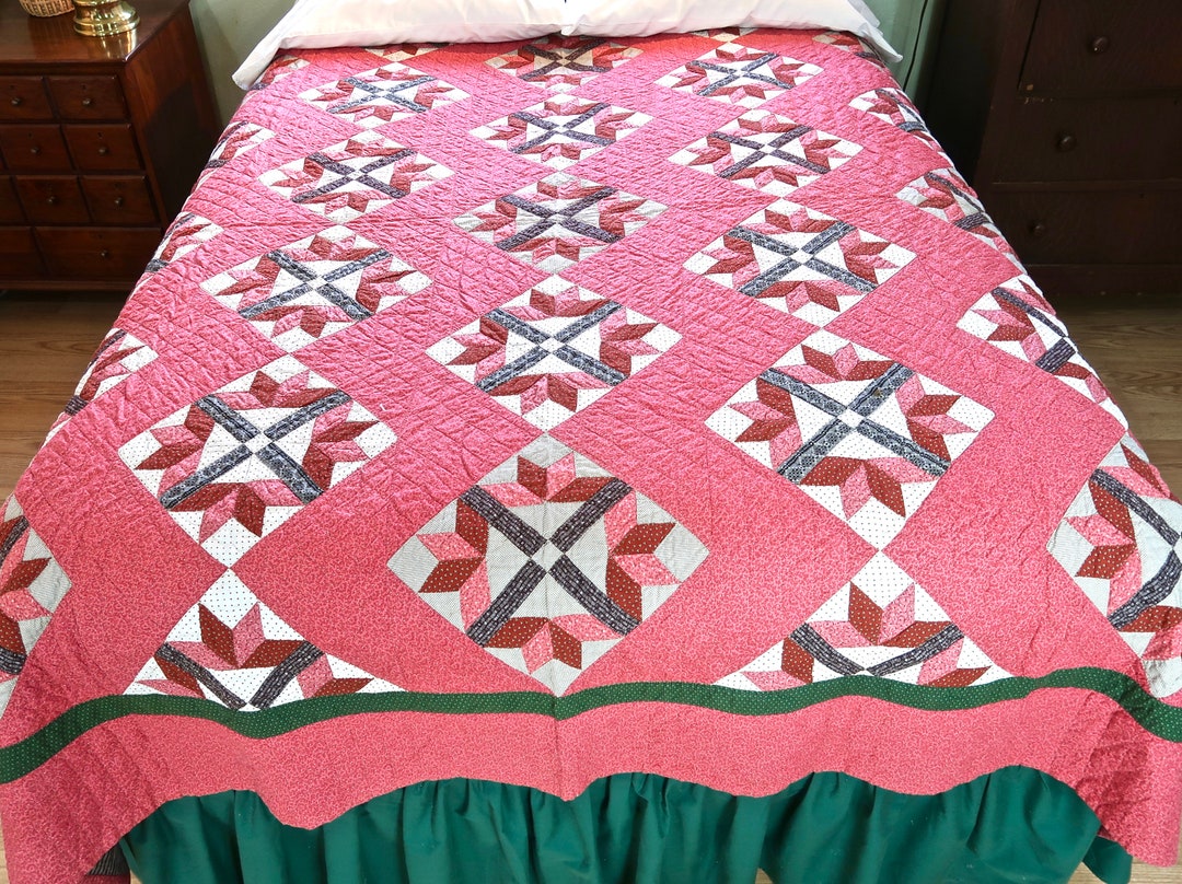 Crossroads Antique Quilt With Blocks of Red Print, Double Pink ...