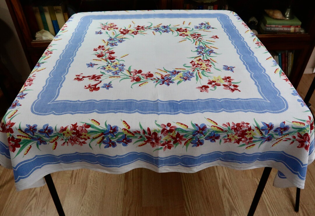 Vintage Floral Tablecloth With Solid Blue Borders and Flowers of Red ...