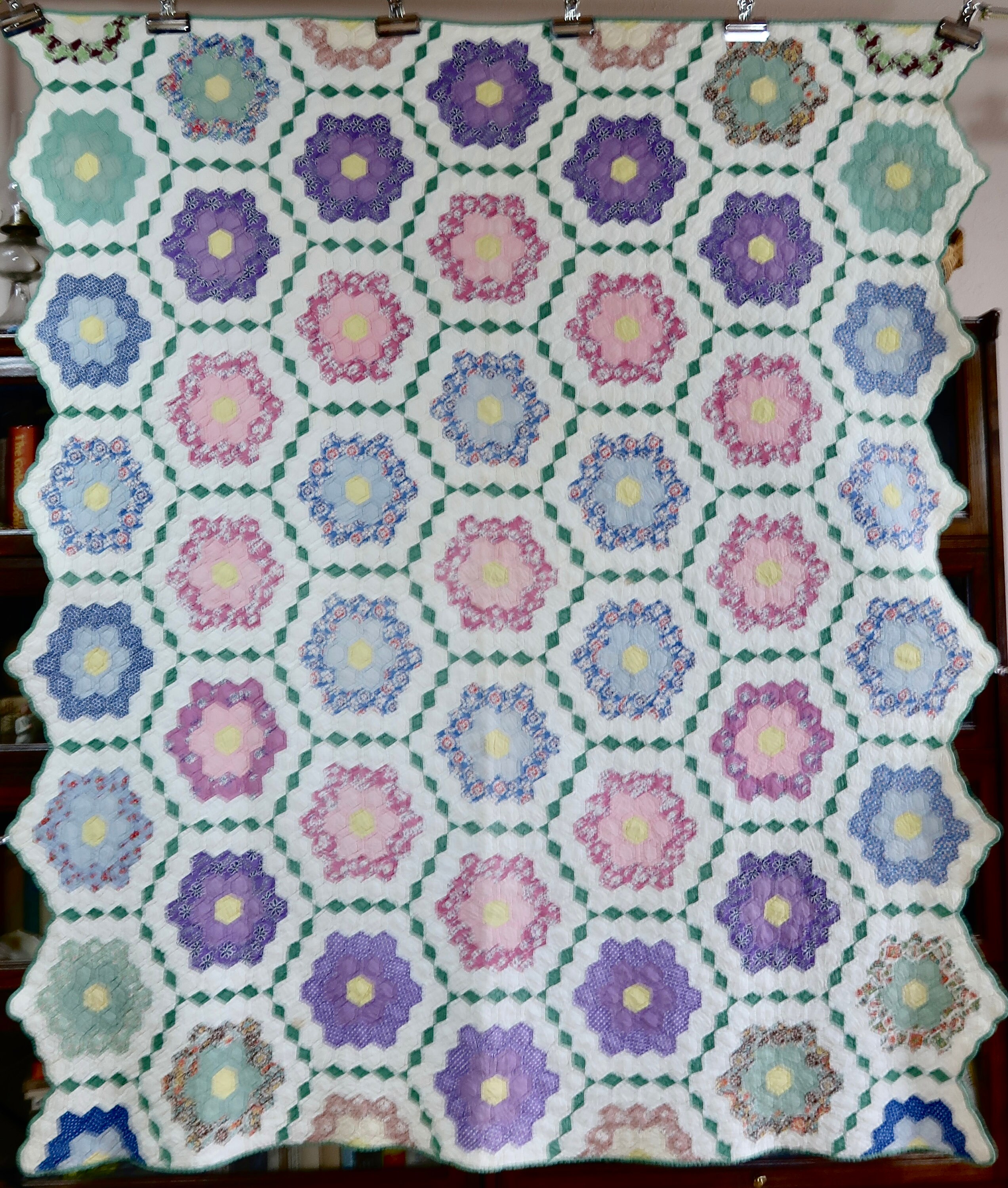 Grandmother's Flower Garden Antique Quilt With Blocks of Pink, Blue ...