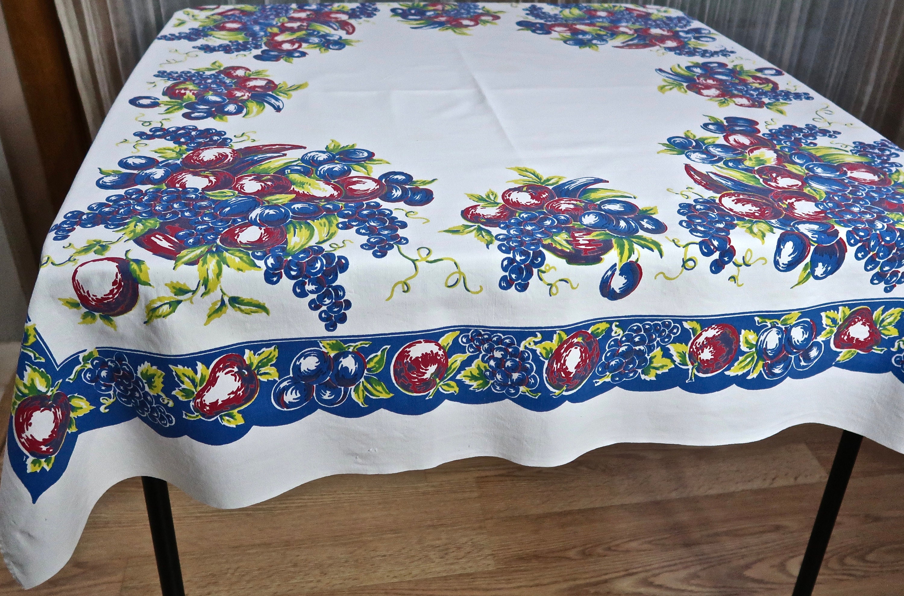 Vintage Fruit Tablecloth in Dark Blue Red and Yellow on White Cotton Printed Tablecloth With Grapes Pears and Plums and Apples Etsy