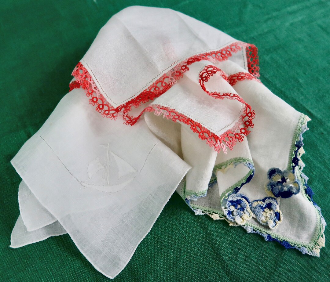 Vintage Handkerchief Group of 3/ Hanky Lot/ Decorative Tatted and ...