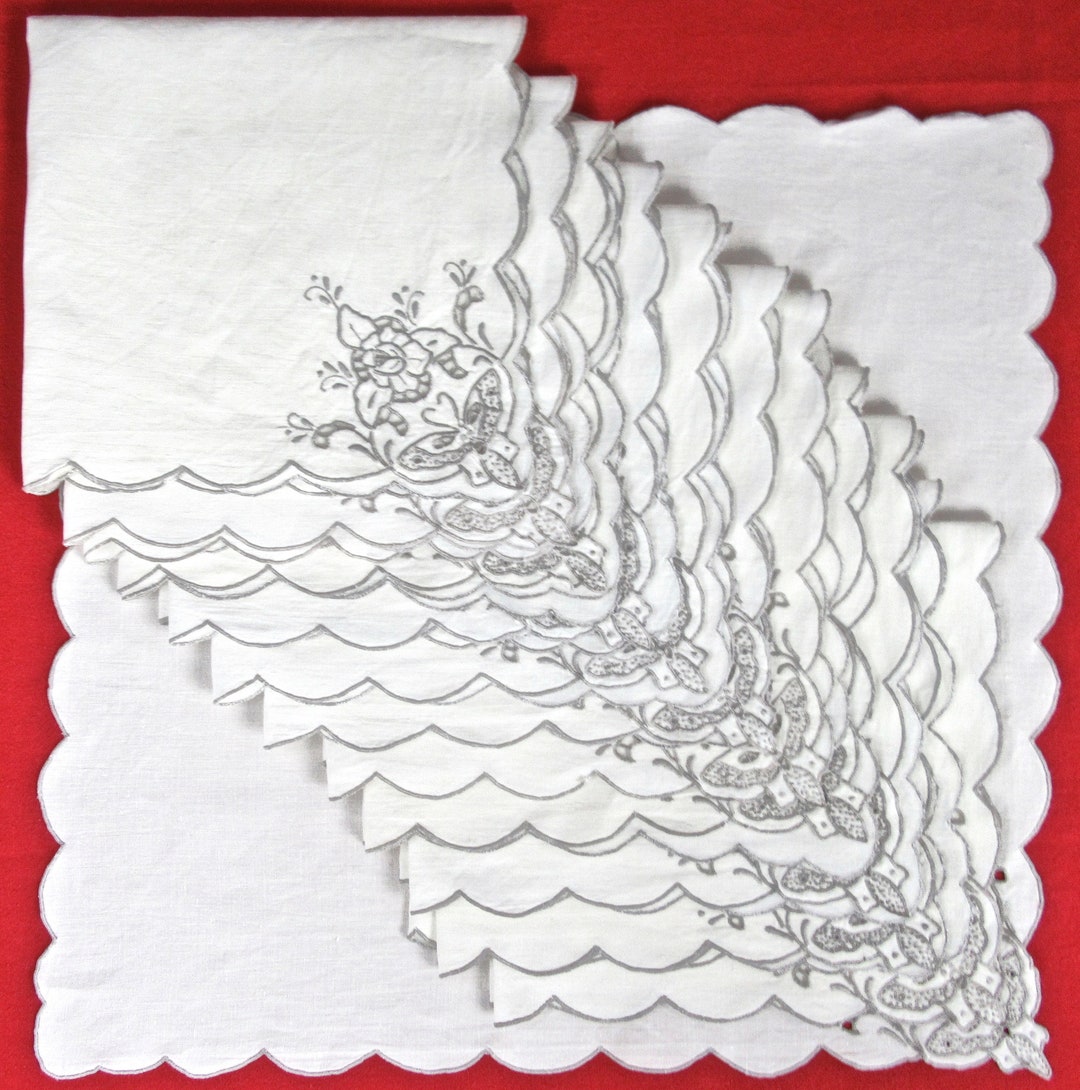 Vintage Ecru Linen Napkins With Cutwork and Taupe Embroidery, Set of ...