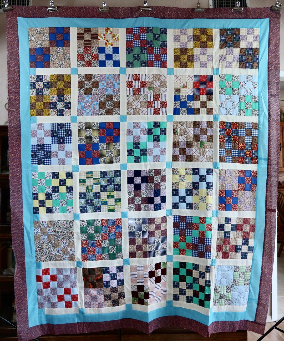 Vintage Double Nine Patch Quilt Top With Hand Stitched Pieced Blocks ...