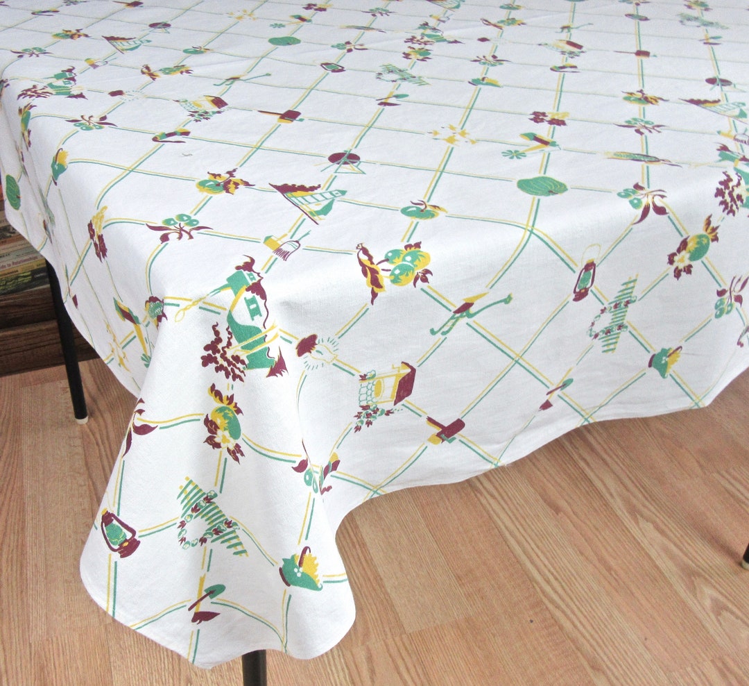 Vintage Printed Wilendur Tablecloth With Wishing Wells, Farm Scenes ...