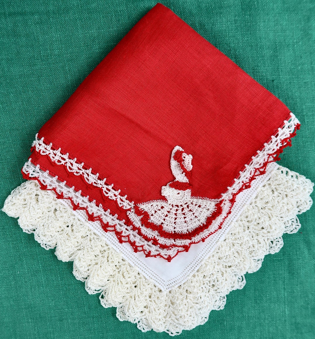 Vintage Handkerchief Group of 2/ Crochet Hanky Lot/ Red Linen Hanky ...