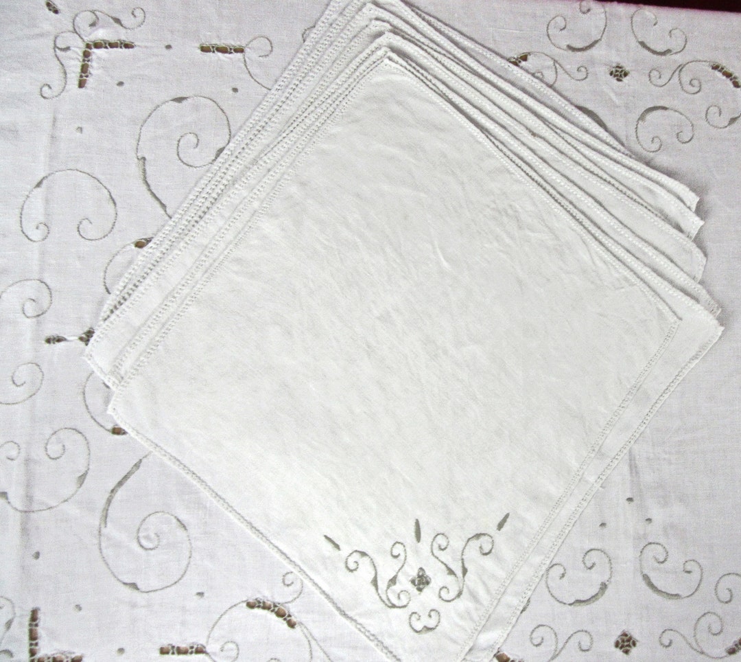 Vintage Ecru Linen Tablecloth With Cutwork Design, Taupe Embroidery and ...