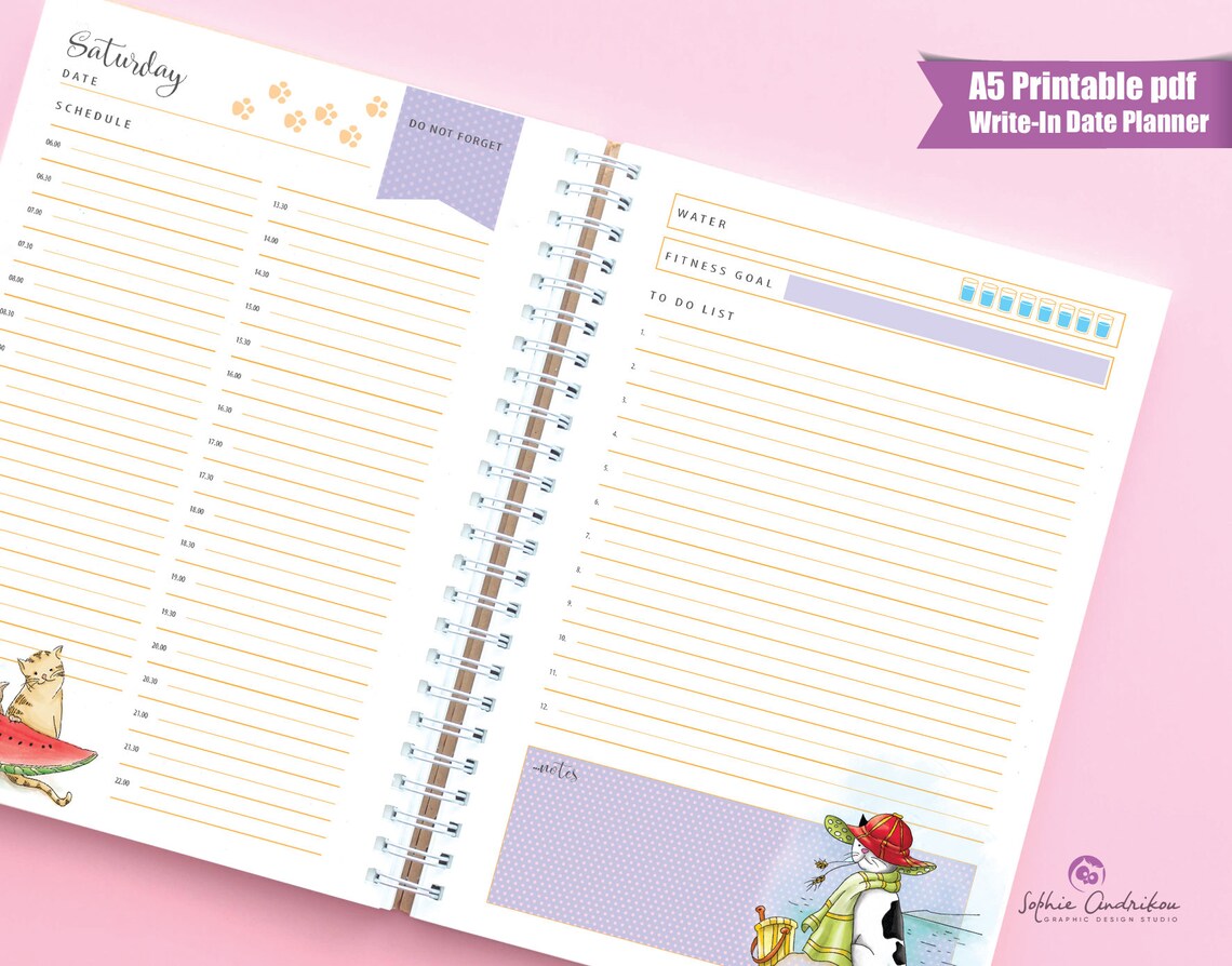 Printable Illustrated Write-in Date Planner Inserts, A5 Digital Diary ...