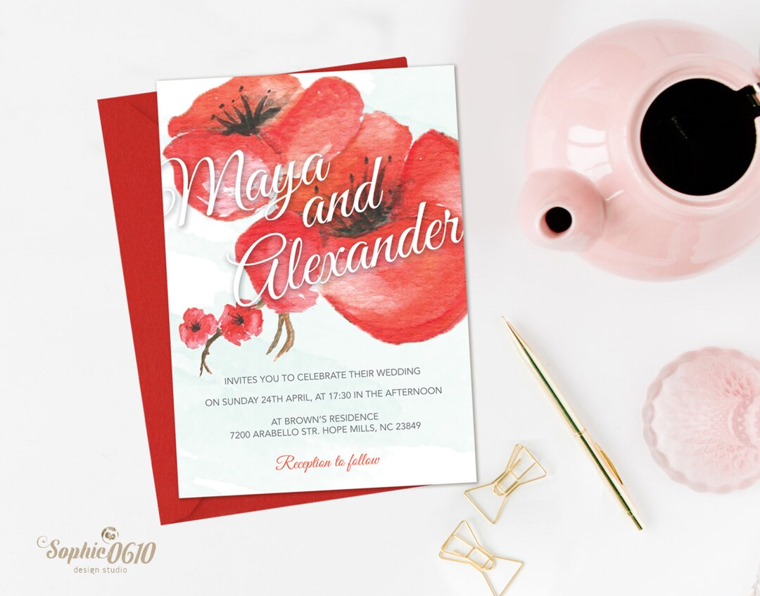 Printable Red Flower Wedding Invitation, Digital Floral Colorful ...