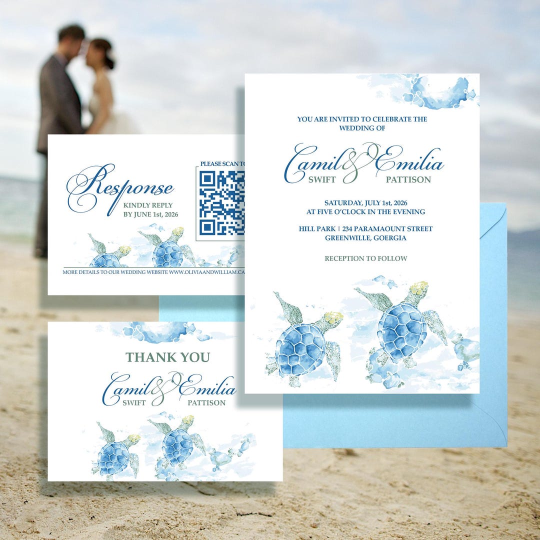 Watercolor Sea Turtle Wedding Invitation Suite: Beach Theme (canva ...