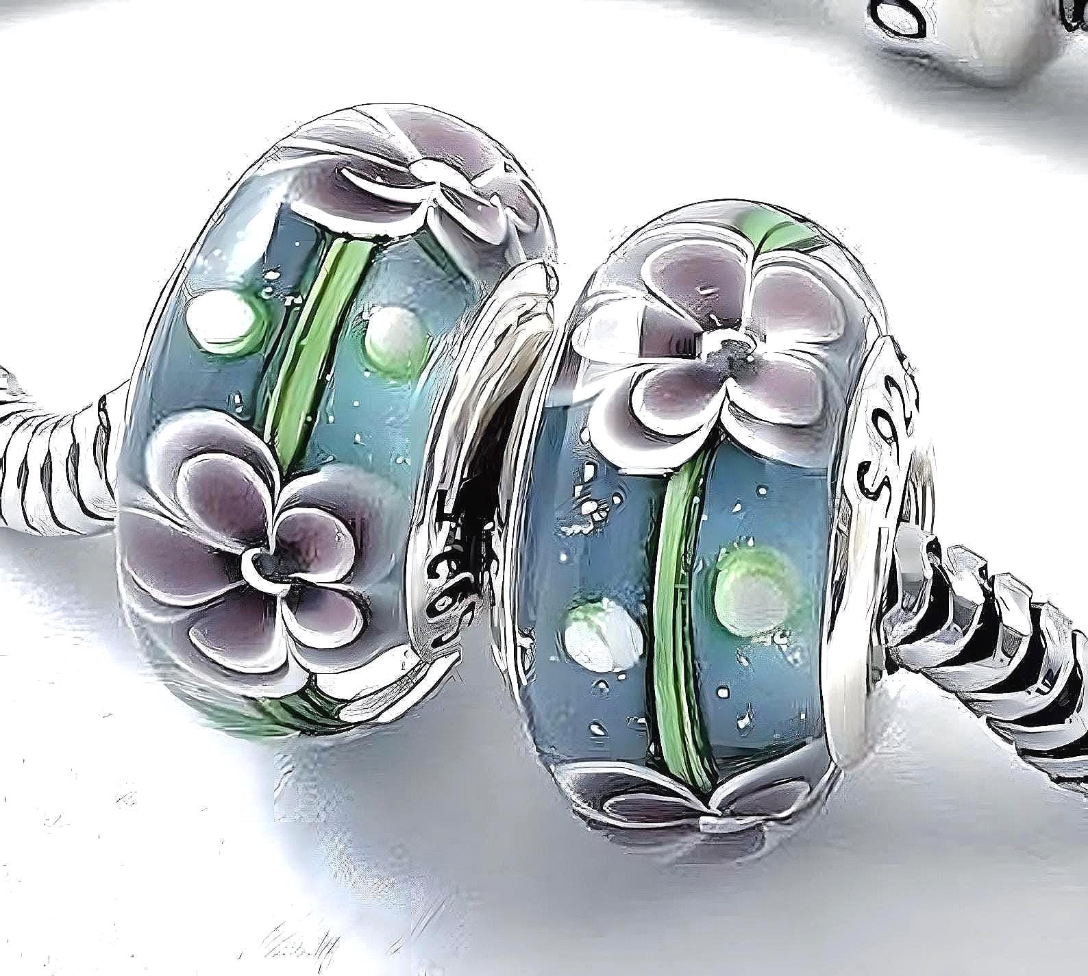 2 Charms for Pandora Lavender Tropical Flower 925 Sterling Silver Cores ...