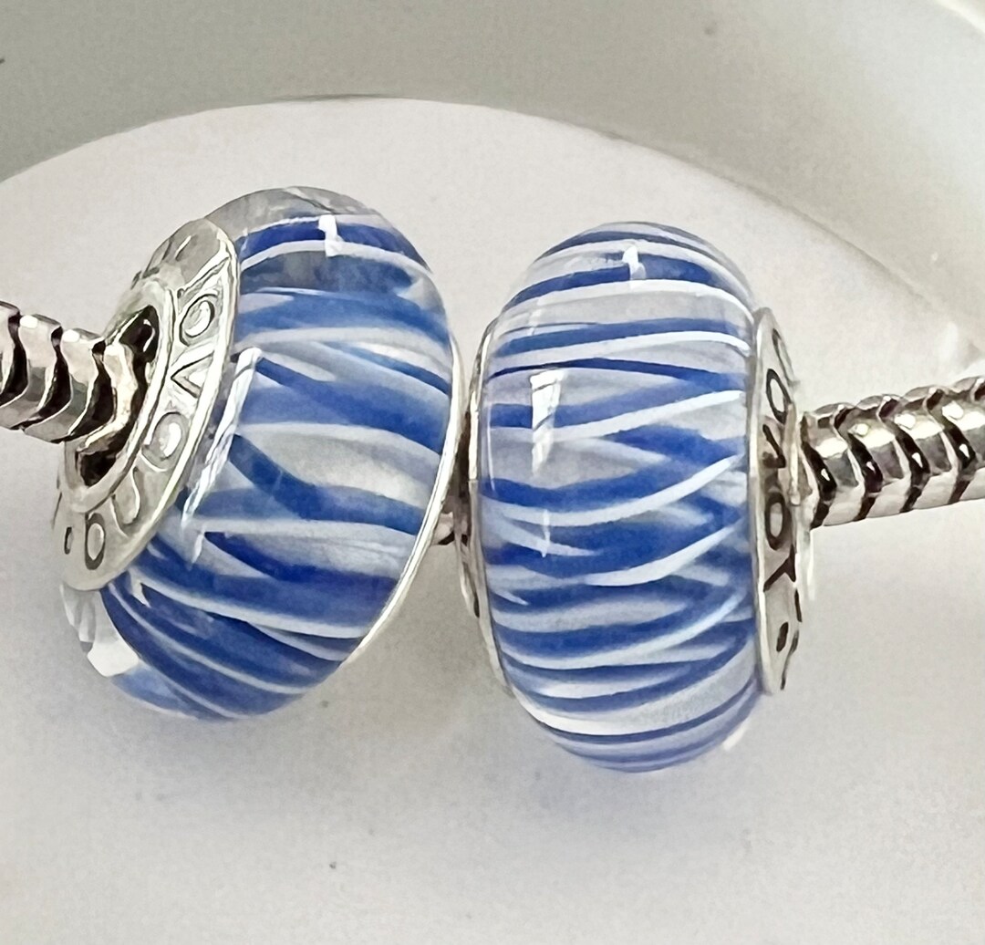 2 Charms for Pandora Murano White and Royal Blue Waves 925 Sterling ...