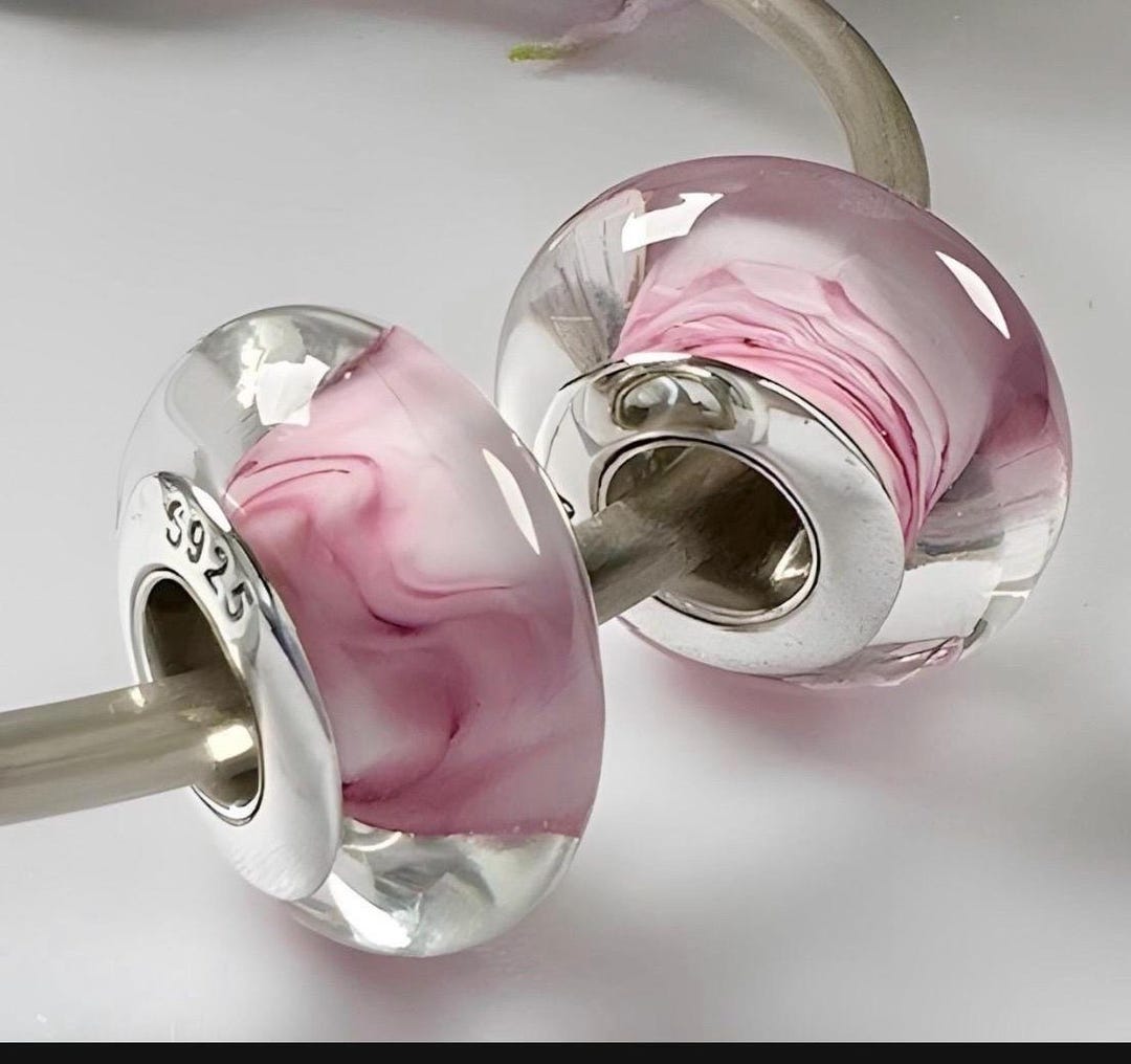 2 Charms for Pandora Pink Wave Murano Charms 925 Sterling Silver Cores ...