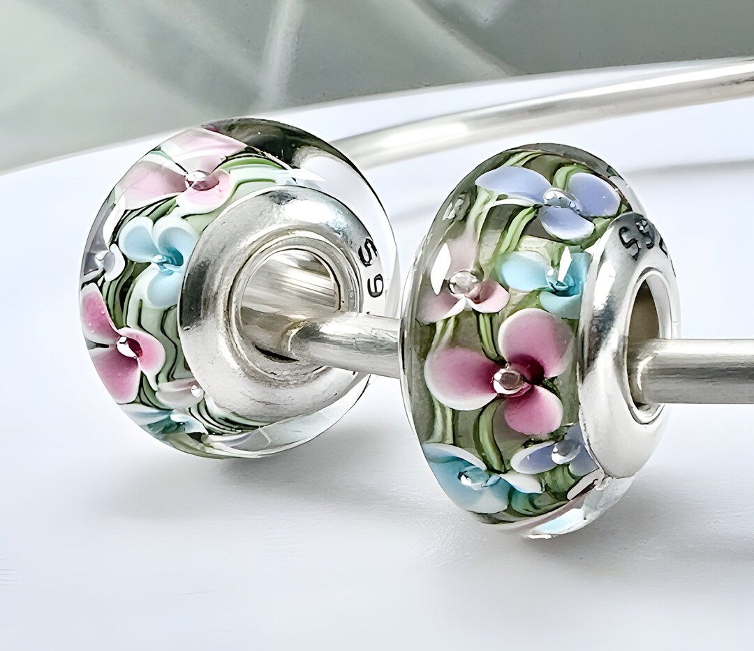 2 Charms for Pandora Blue Lavender Light Pink Flowers Garden Murano ...