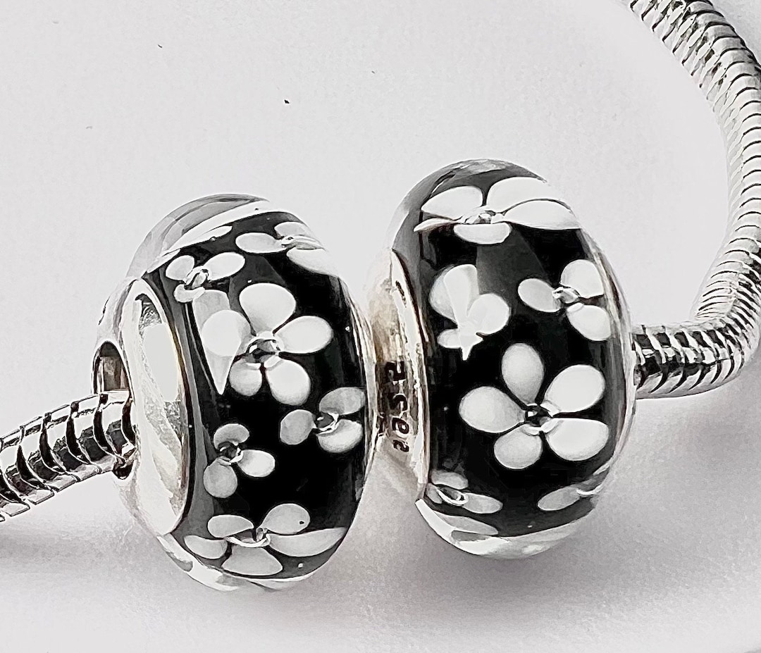 2 Charms for Pandora White Flowers Layered on Black Murano 925 Sterling ...