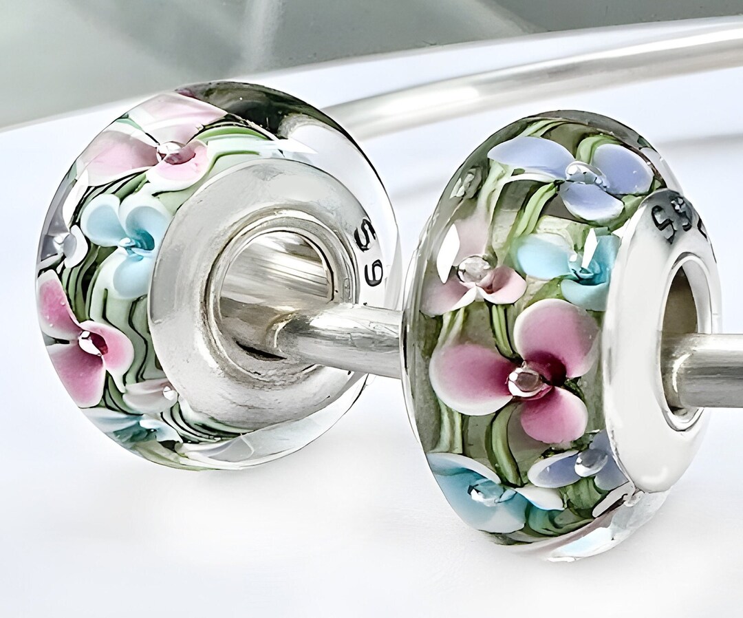 2 Charms for Pandora Blue Lavender Light Pink Flowers Garden Murano ...