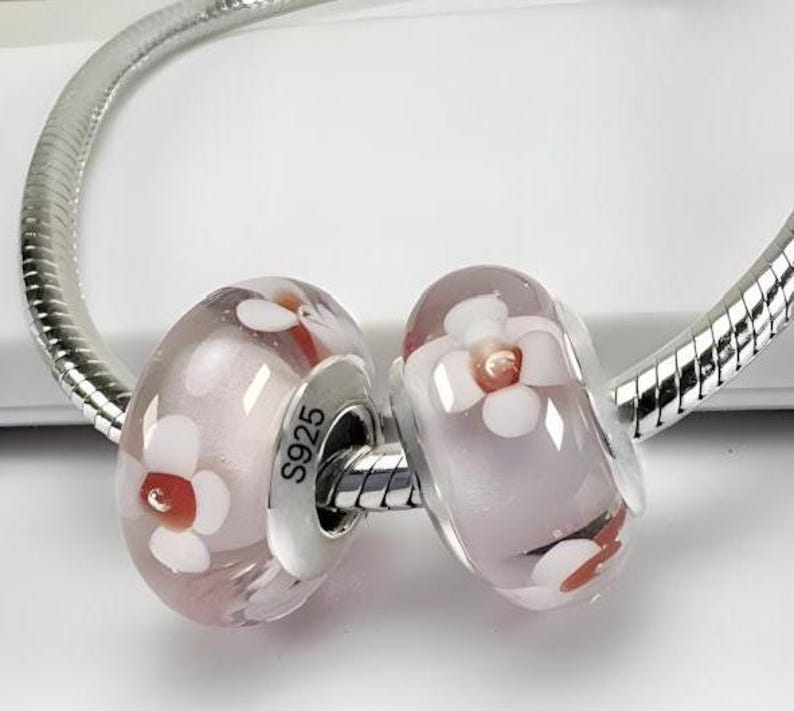 2 Charms for Pandora Murano Pink and White Hibiscus Flowers 925 ...