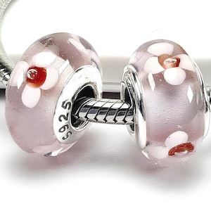2 Charms for Pandora Murano Pink and White Hibiscus Flowers 925 ...